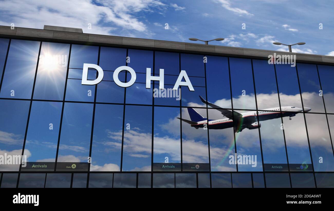 Jet aircraft landing at Doha, Qatar 3D rendering illustration. Arrival ...