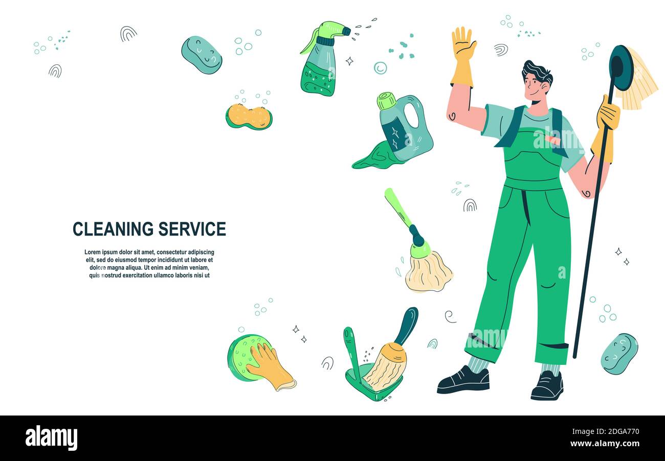 Cleaning service website banner design in doodle style, cartoon vector ...