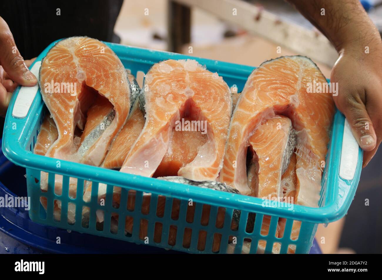Fresh raw salmon steaks at local market Stock Photo - Alamy