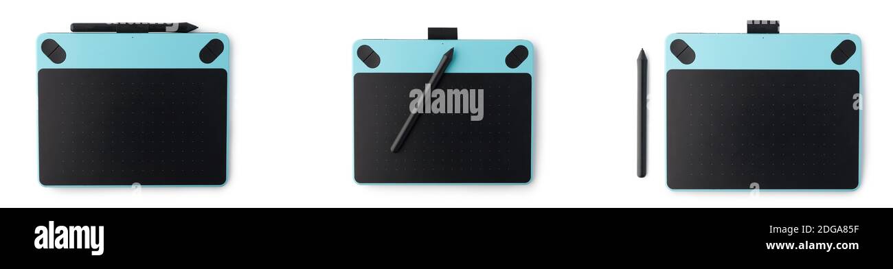 Graphic tablet isolated on white background top view flat lay. Set ...