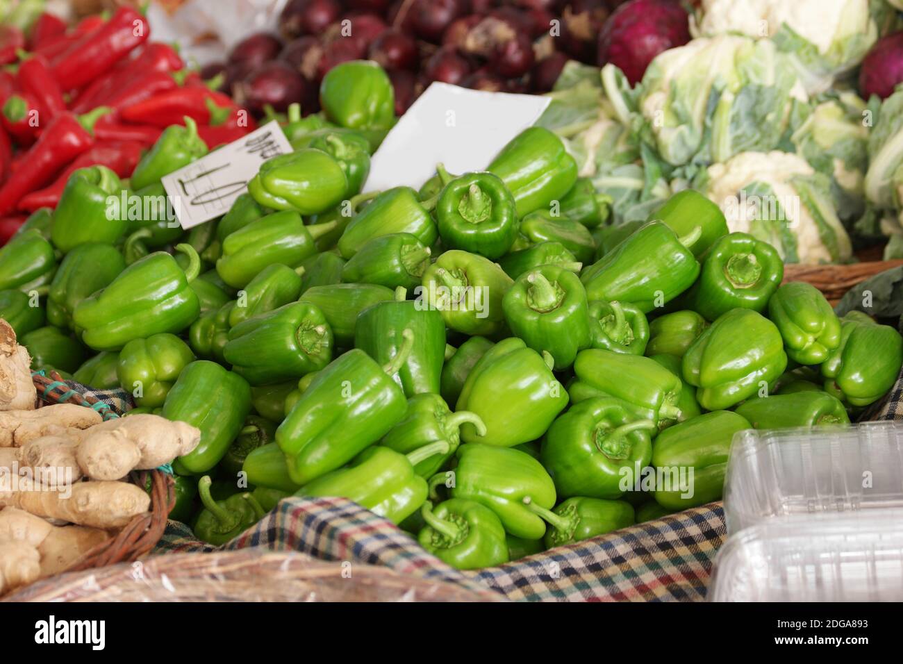 Display of green peppers at farmers market stall Stock Photo - Alamy