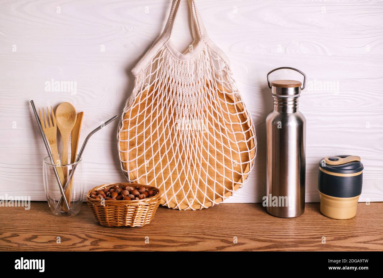 Eco set with bamboo cutlery, plate, reusable coffee mug, water bottle ...