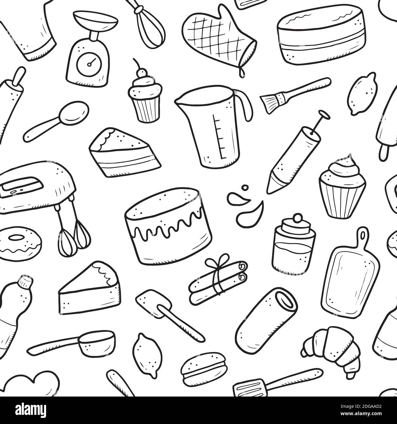 Hand drawn seamless pattern of baking and cooking tools, mixer, cake ...