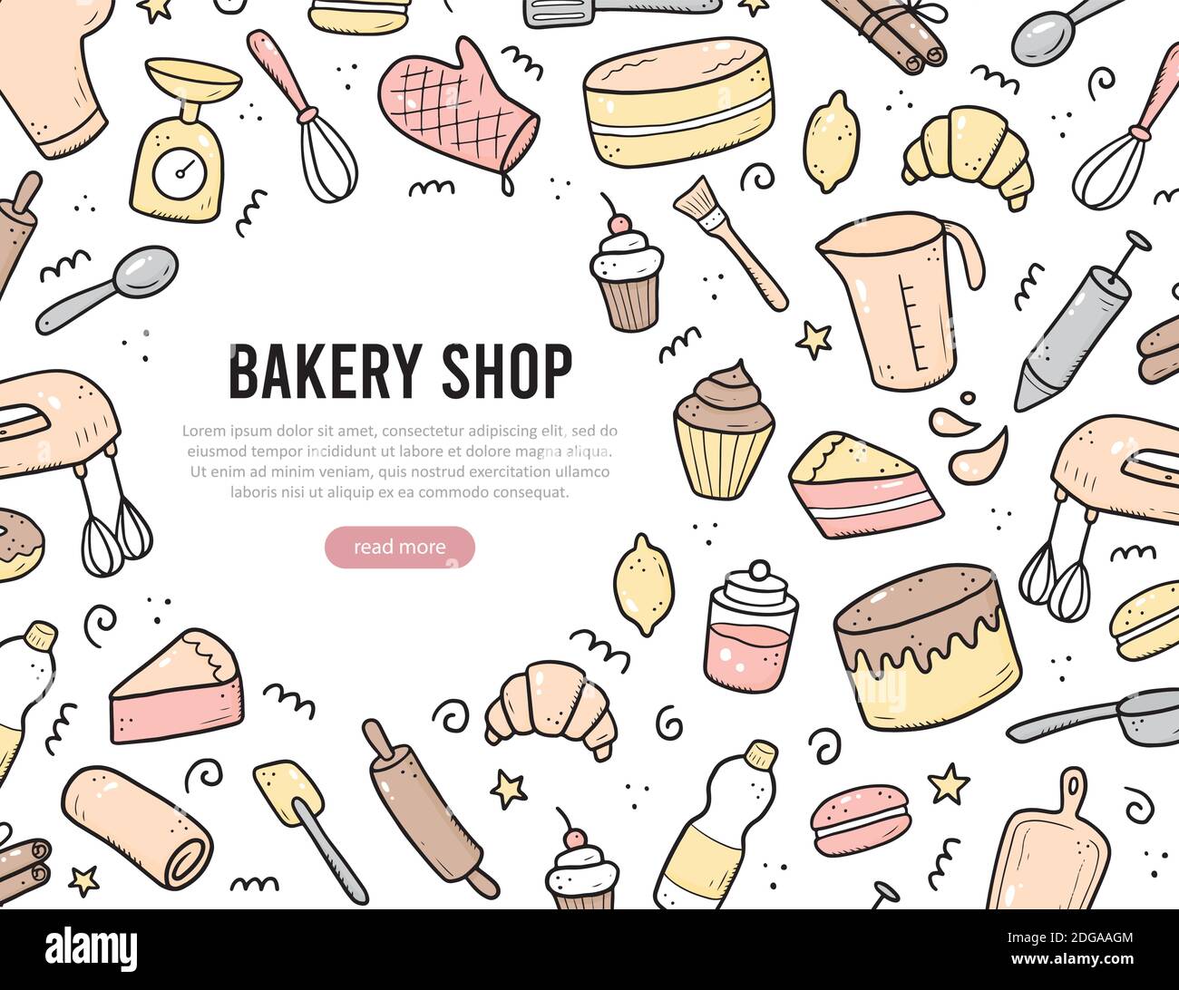 Hand drawn set of baking and cooking tools, mixer, cake, spoon, cupcake ...