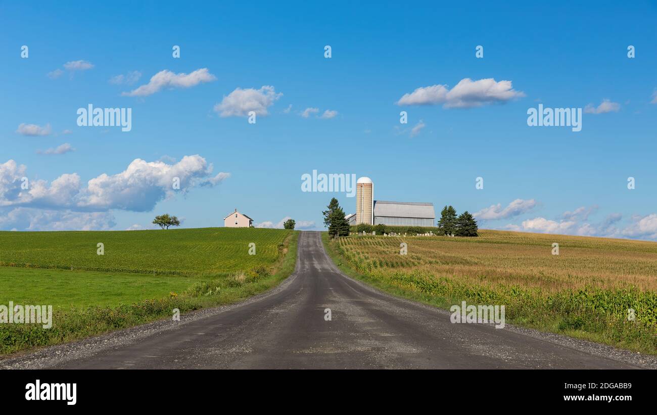 Open and empty road, southern Quebec state, Canada, with isolated farm ...