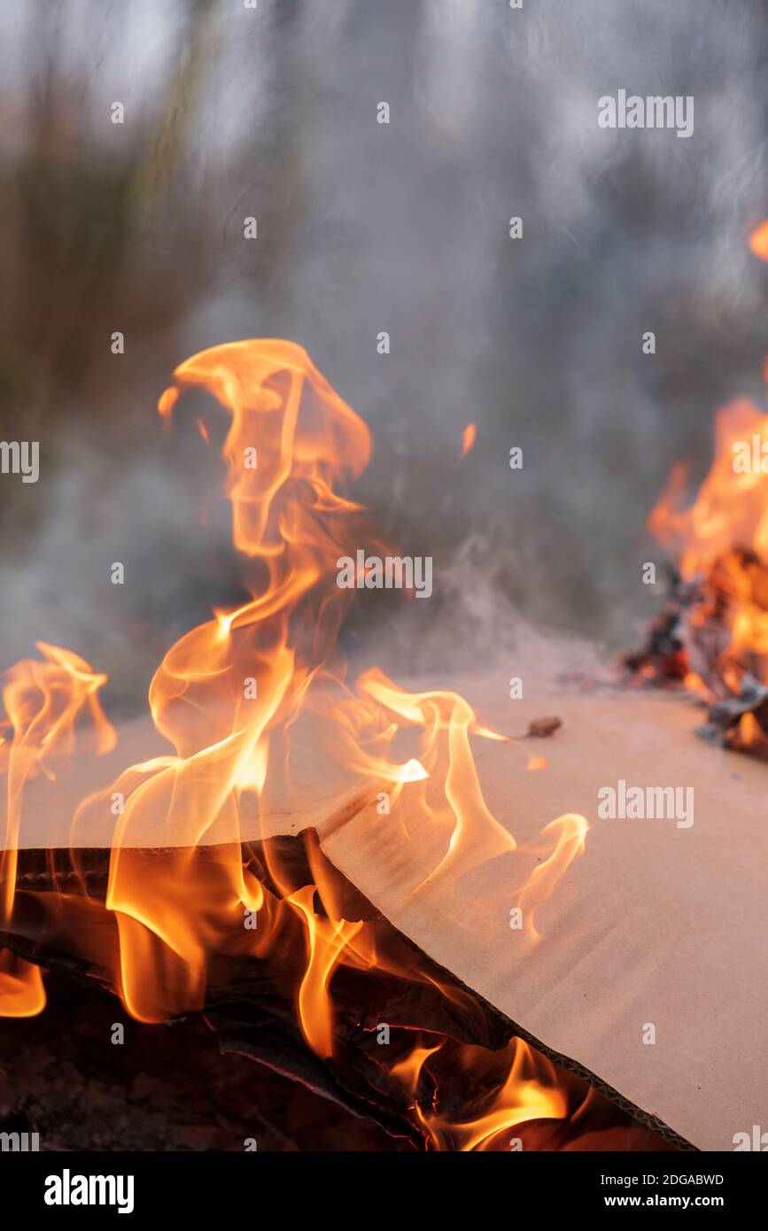 Pile of burning cardboard and waste paper Stock Photo - Alamy