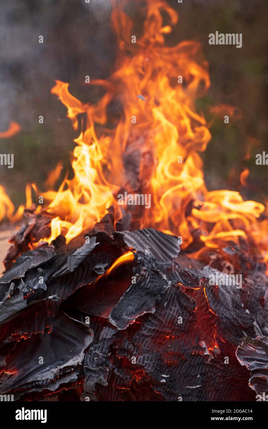Pile of burning cardboard and waste paper Stock Photo - Alamy