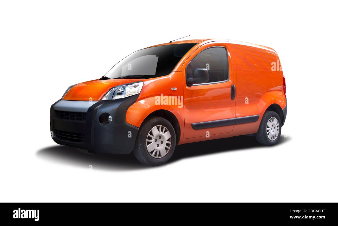 Orange small van side view isolated on white background Stock Photo - Alamy