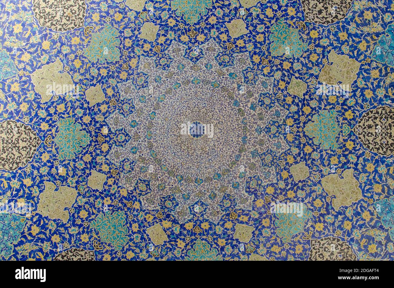 The ceiling of a historic Iranian mosque with several turquoise ...