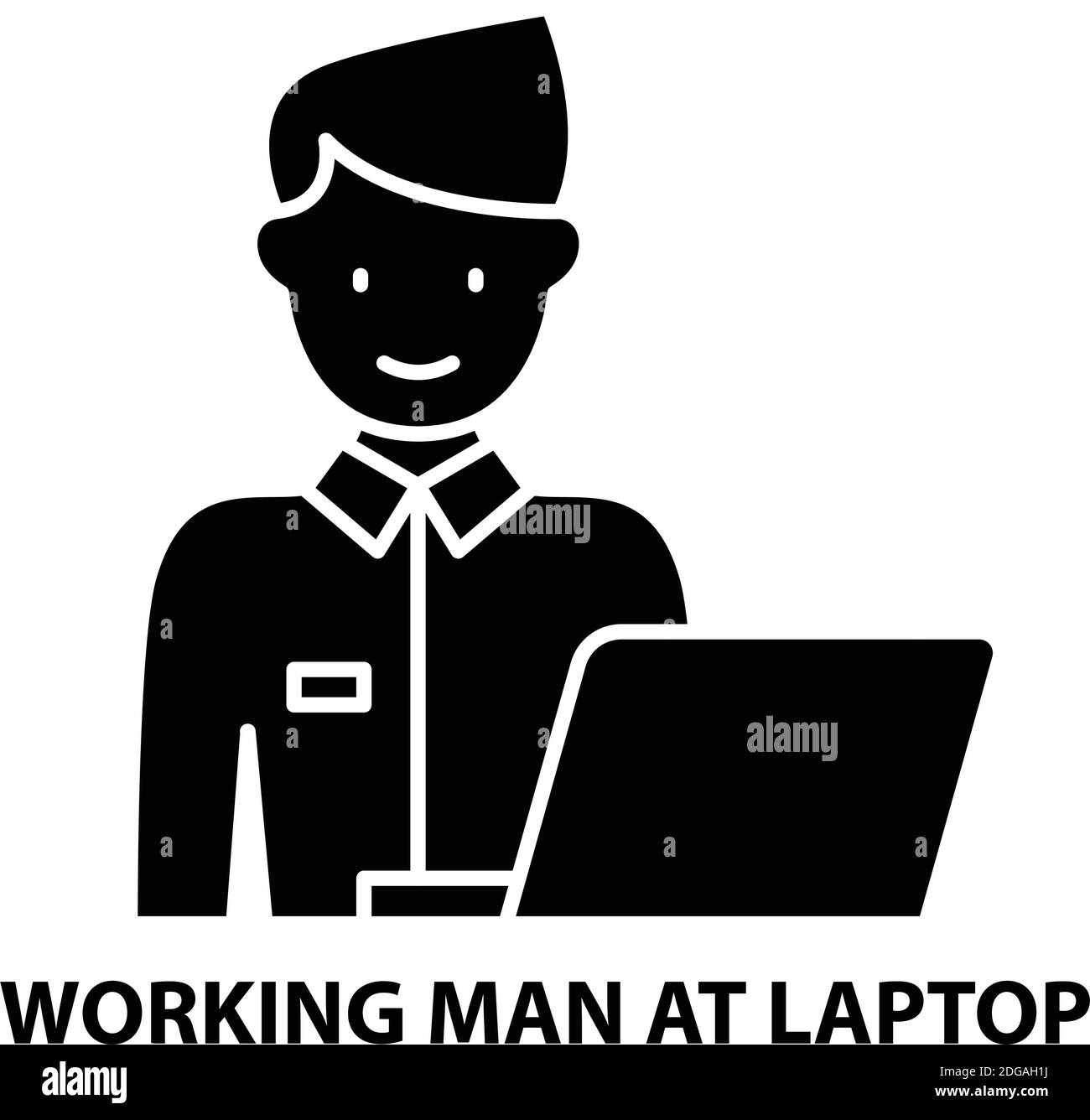 Working Man At Laptop Icon Black Vector Sign With Editable Strokes Concept Illustration Stock