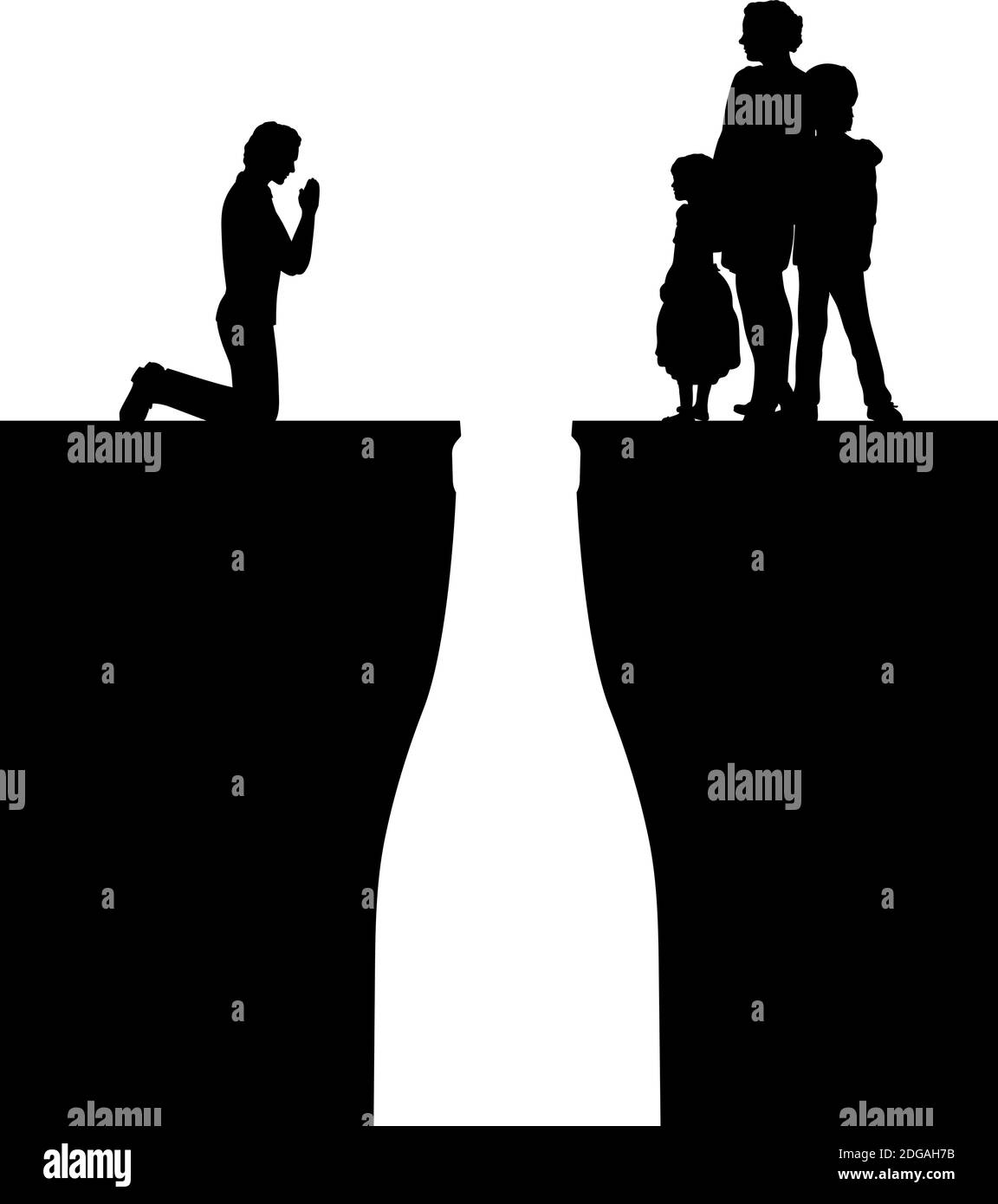 Silhouettes man asks the family for forgiveness. They are divided by ...