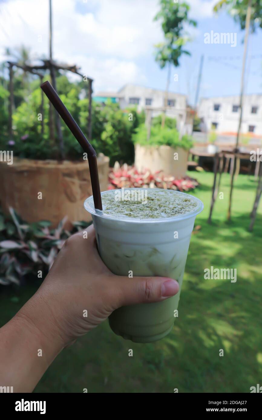 green tea, milk green tea in top view or iced matcha latte Stock Photo ...