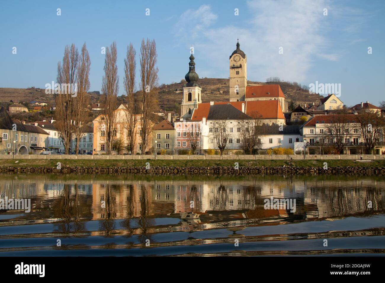 Stein an der Donau, Austria with reflection on the Danube Stock Photo ...