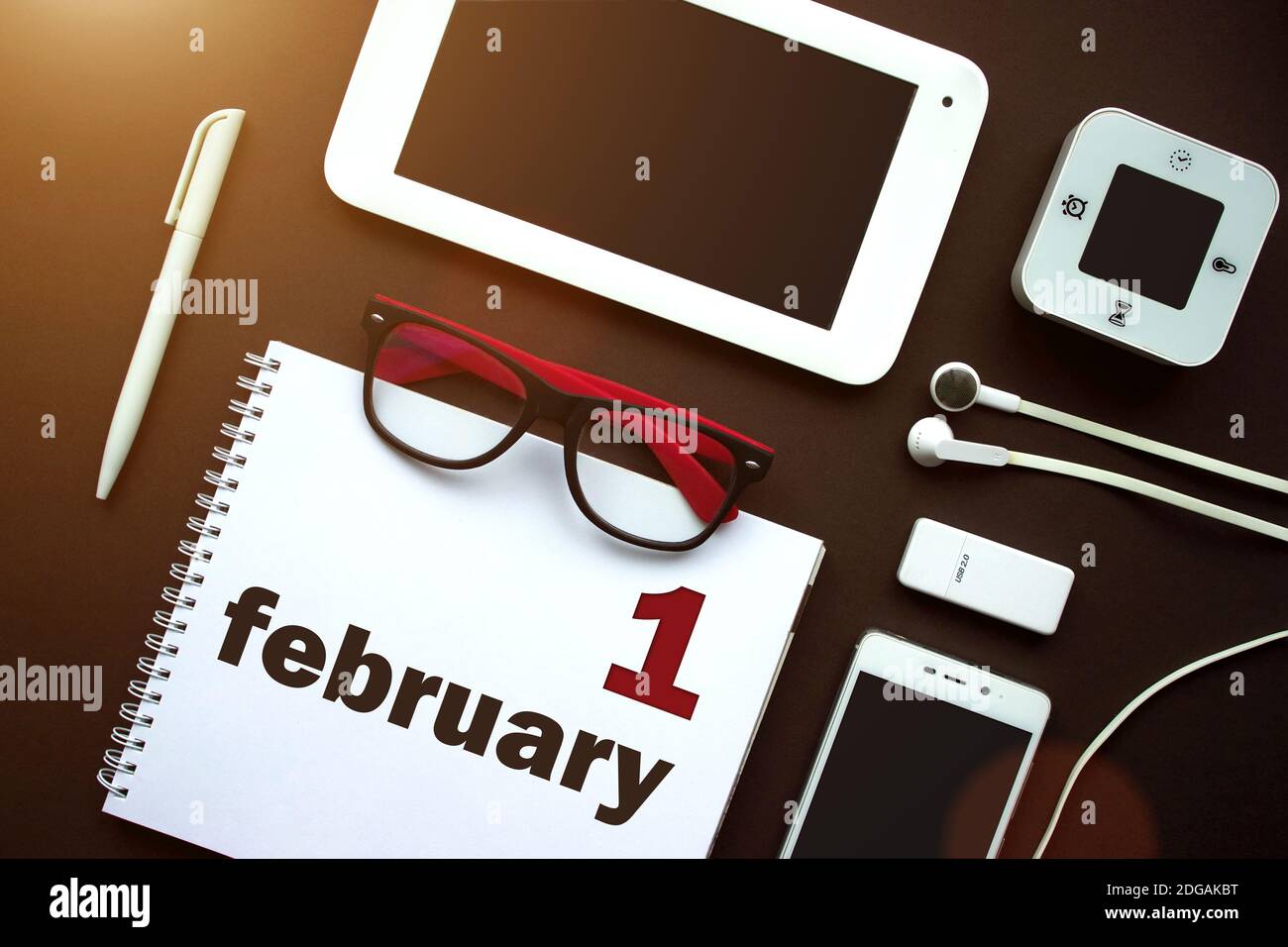 February 1st . Day 1 of month, Calendar date. Office workplace with ...