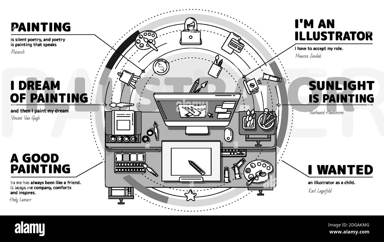 Stylish promo poster about the work and workspace of illustrators Stock ...