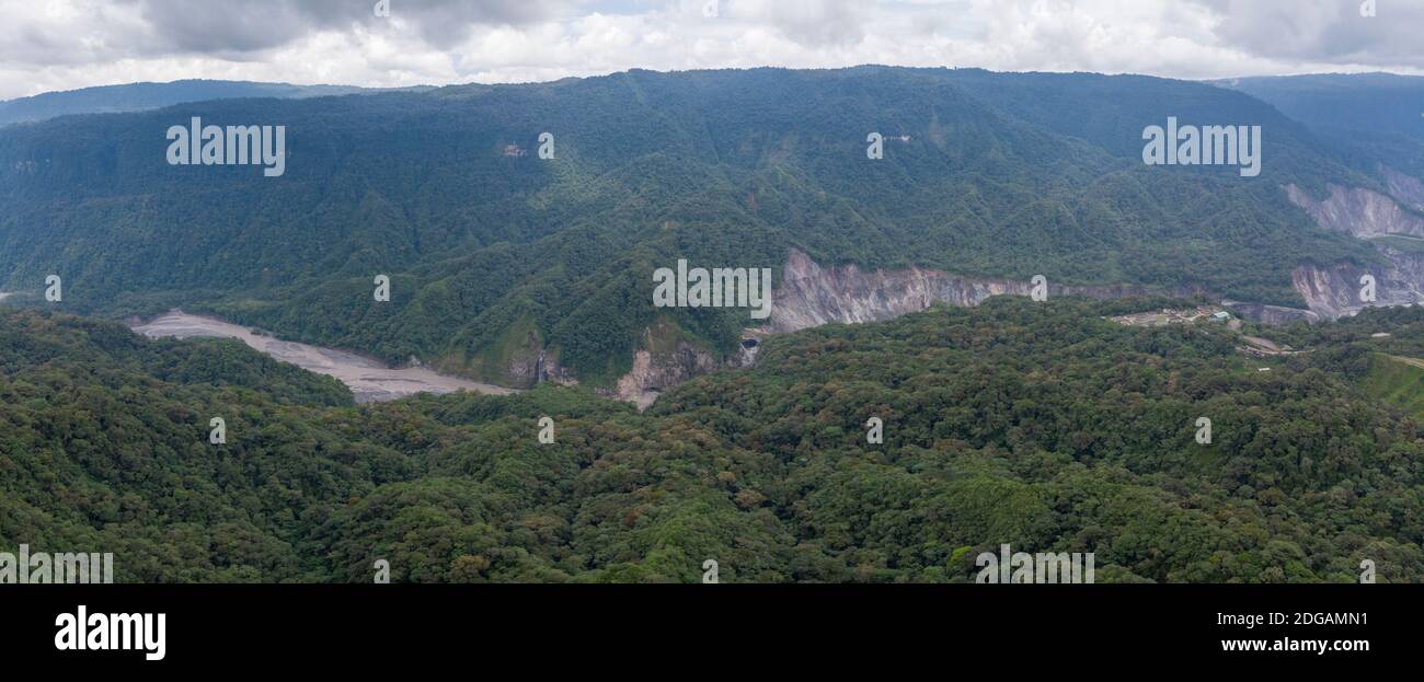 Panoramic aerial view over the Rio Coca Gorge in Amazonian Ecuador in ...