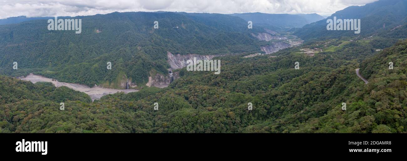 Panoramic aerial view over the Rio Coca Gorge in Amazonian Ecuador in ...