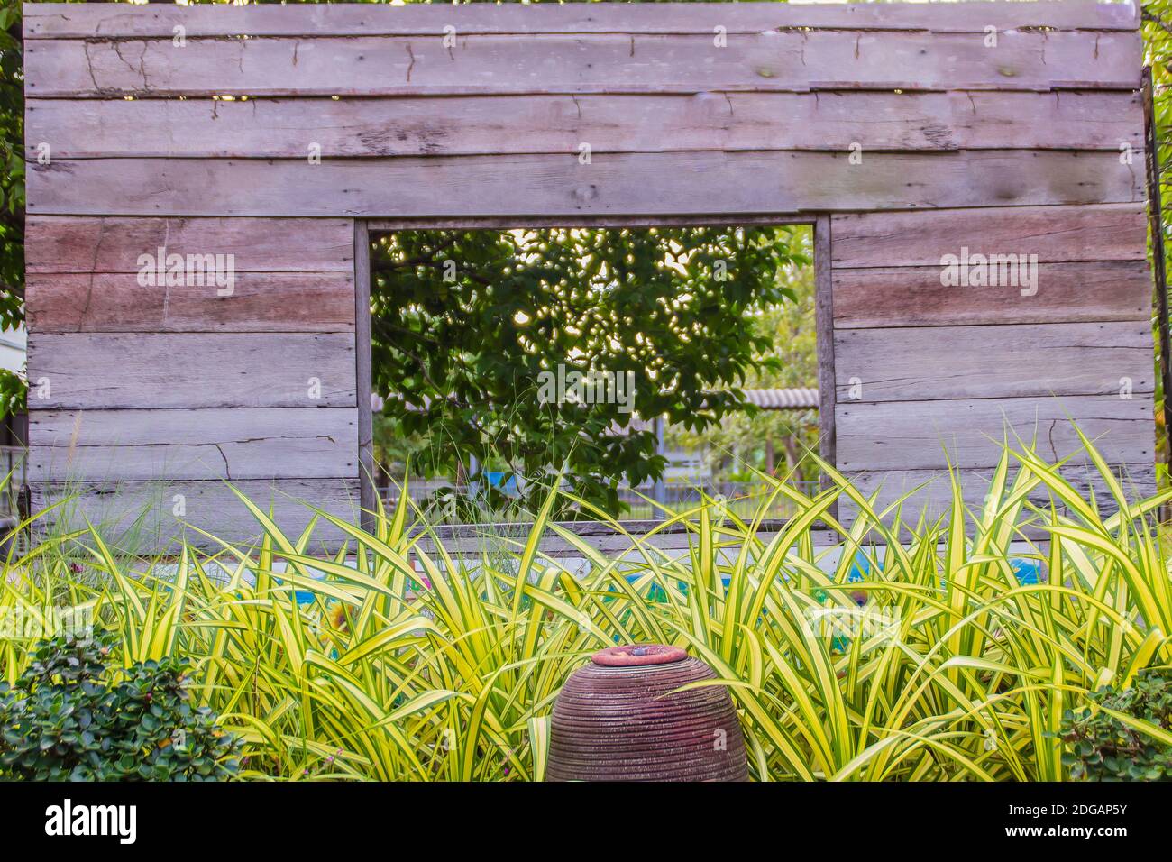 Wooden square frame on green leaves in the garden background. Abstract ...