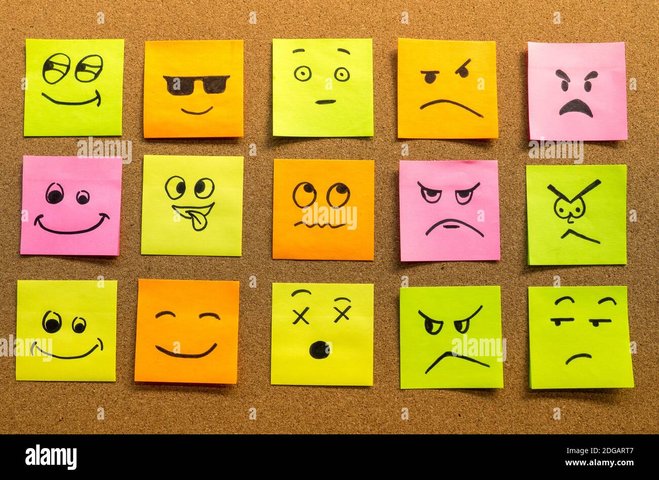 cork board with colorful post its representing various emoticons with ...