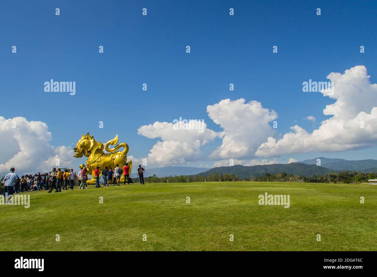 Chiang Rai, Thailand - November 19, 2017: Golden lion statue logo under ...