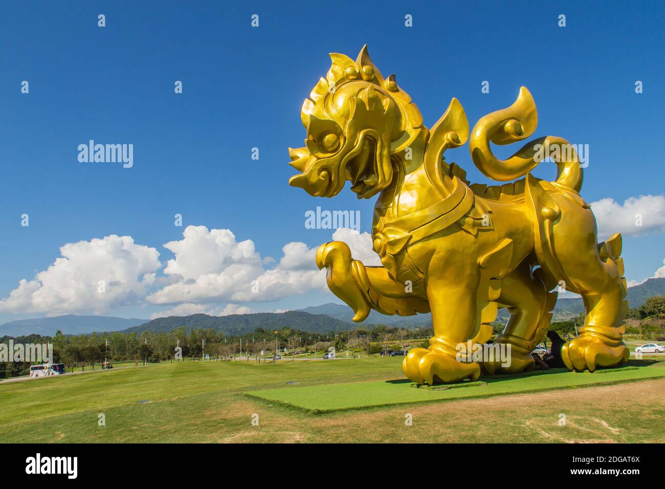 Chiang Rai, Thailand - November 19, 2017: Golden lion statue logo under ...