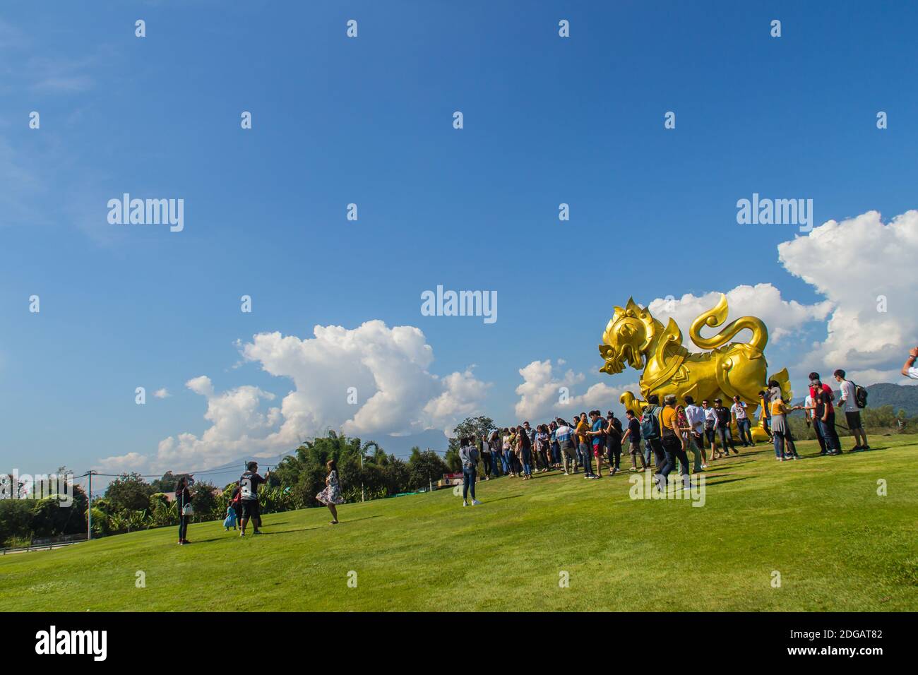 Chiang Rai, Thailand - November 19, 2017: Golden lion statue logo under ...