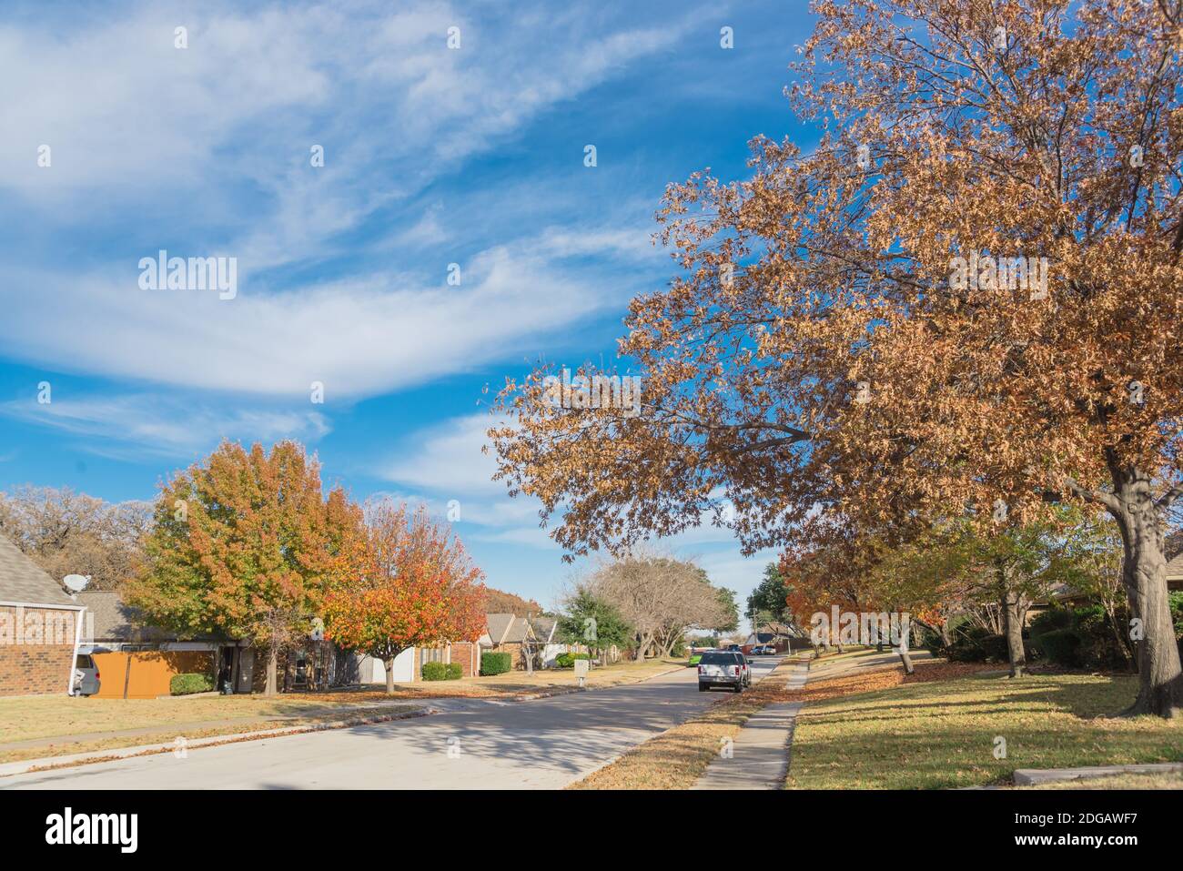 Peaceful neighborhood street with colorful fall foliage and row of ...