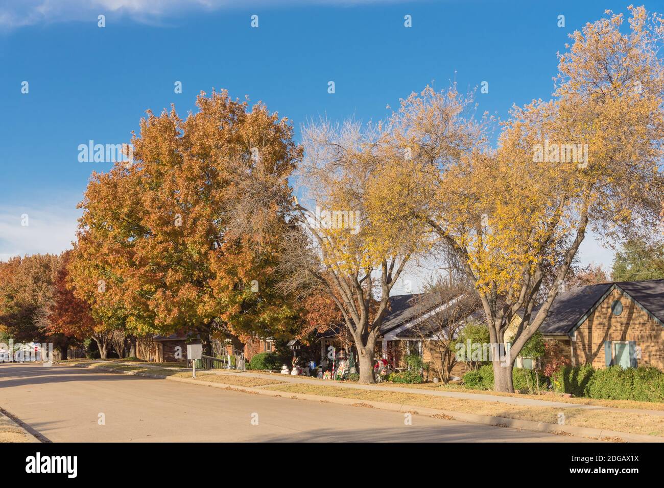 Peaceful neighborhood street with colorful fall foliage and row of ...