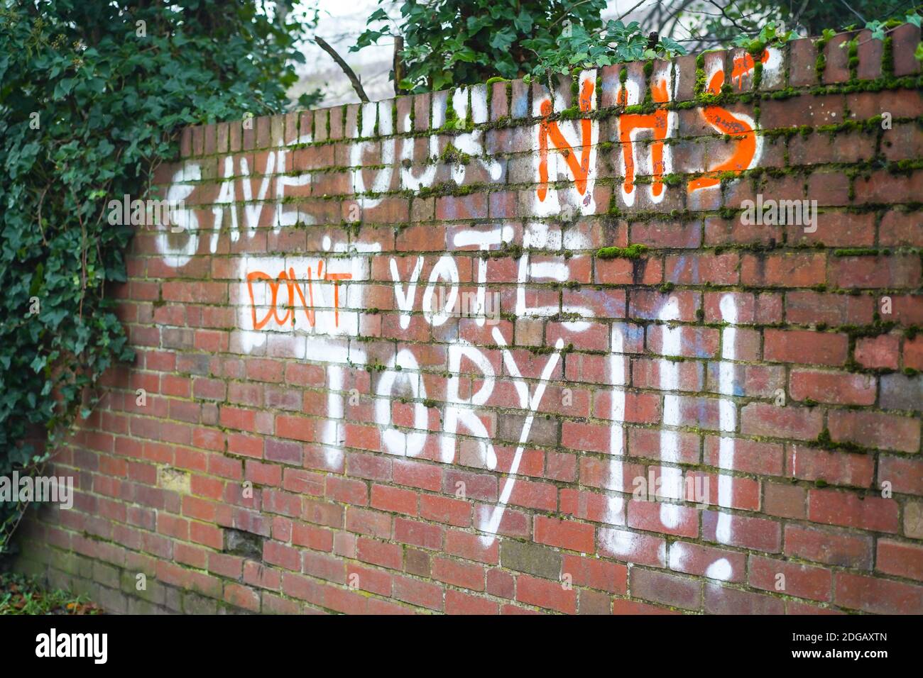 Graffiti in spray paint on outdoor garden brick wall in England, UK ...