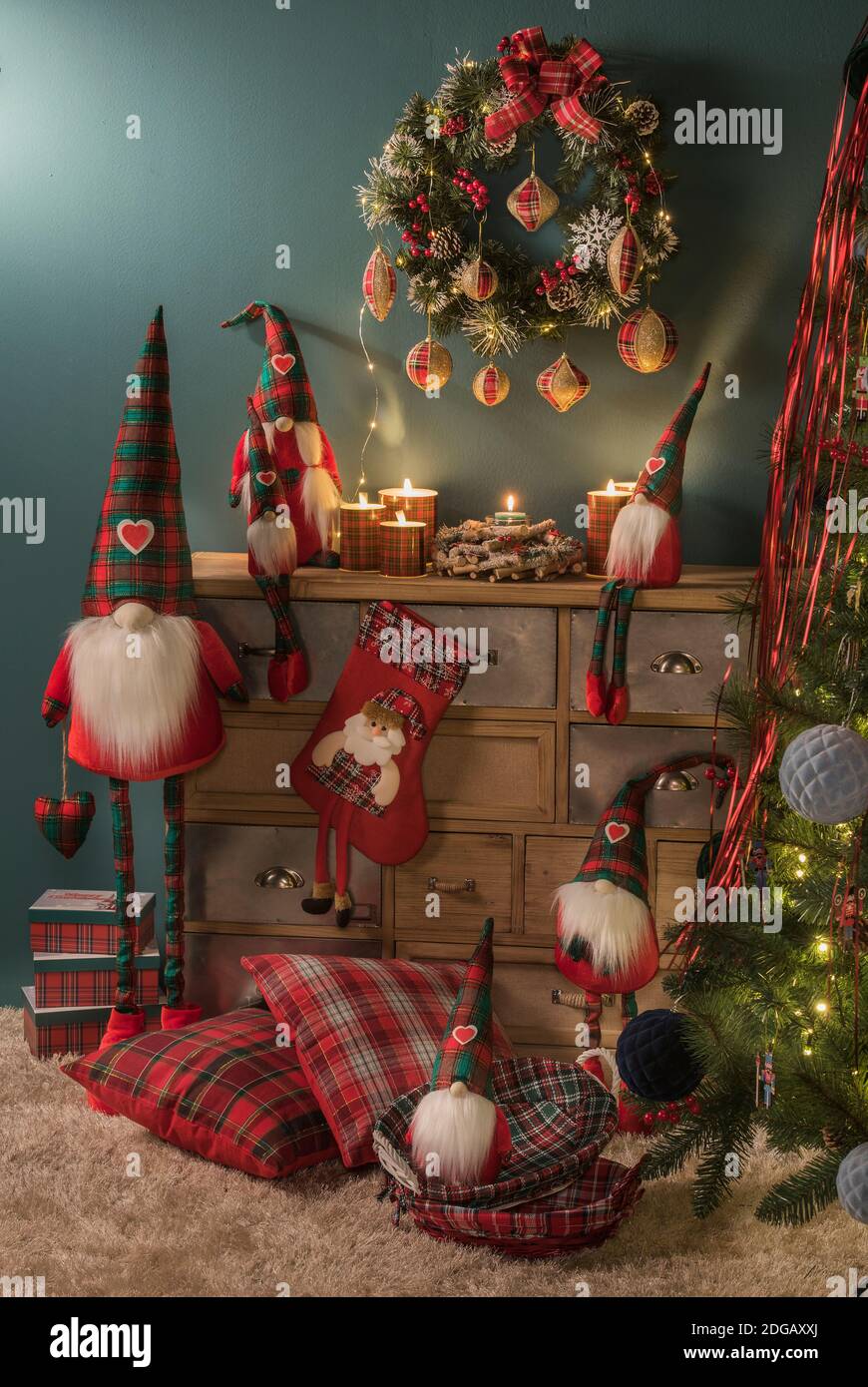 decorations with lights for the Christmas period, with balls and gnomes ...