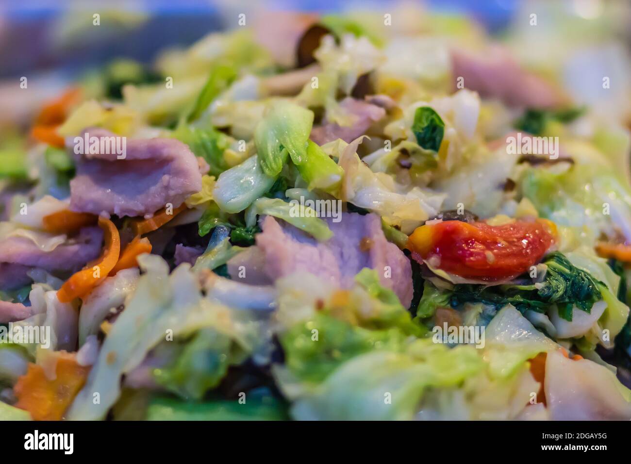Pork stir fried with variety of vegetables for serve in the buffet ...