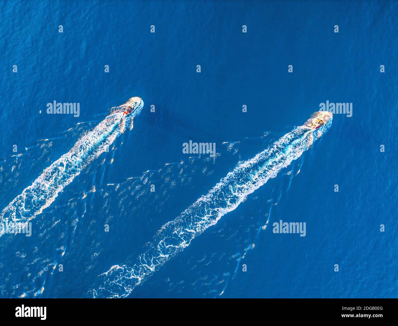 Aerial view fishing boat floating blue sea water hi-res stock ...