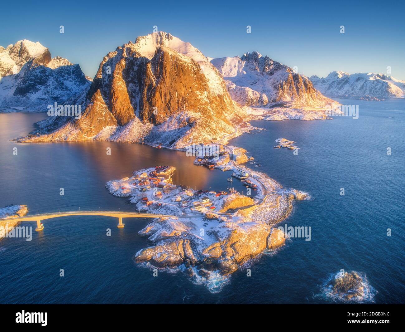 Aerial view of Hamnoy at sunrise in winter. Lofoten islands Stock Photo ...