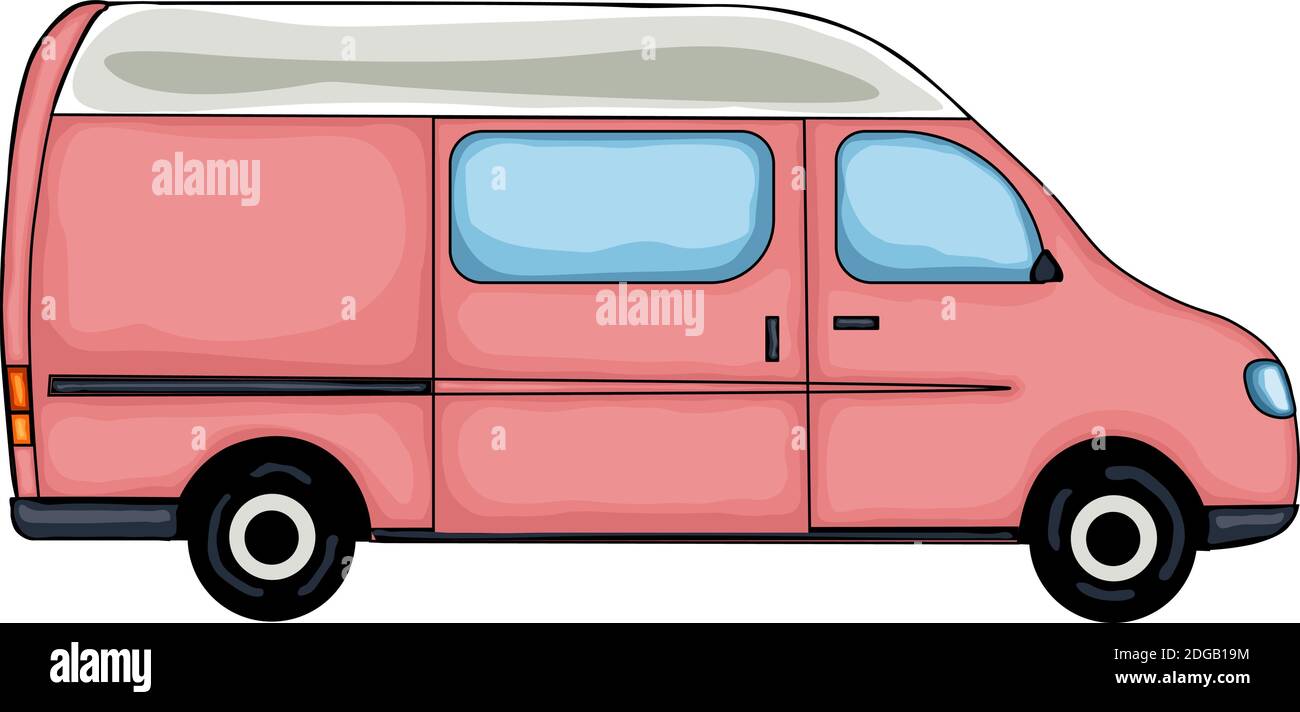 Pink hand drawn van, isolated on white background. Vector Illustration ...