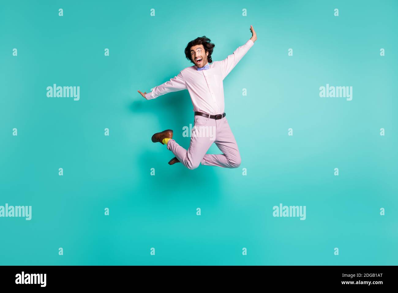 Full body photo of happy crazy gentleman jump dressed formal outfit ...