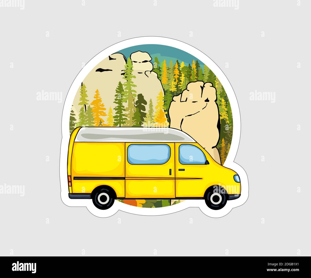 Van with sandstone formation and forest in the background. Van life ...