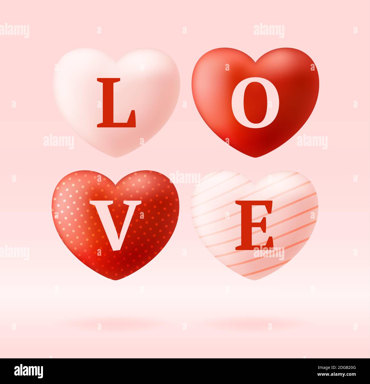 Love word on realistic hearts. Valentine's day card with pink and red ...