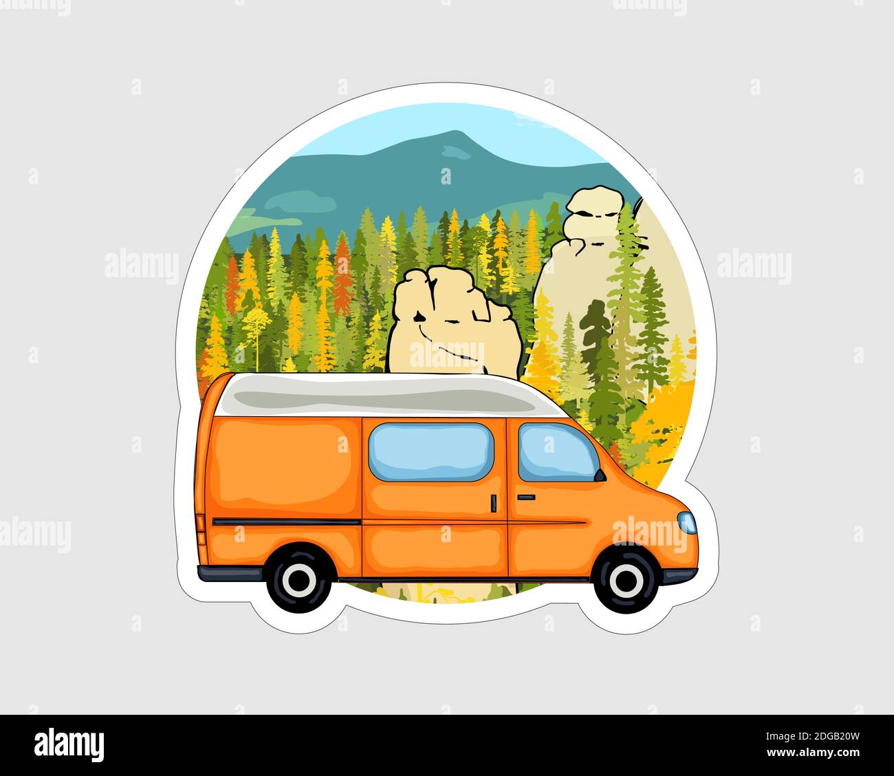 Van life sticker. Sandstone rock formation, forest and the mountains in ...