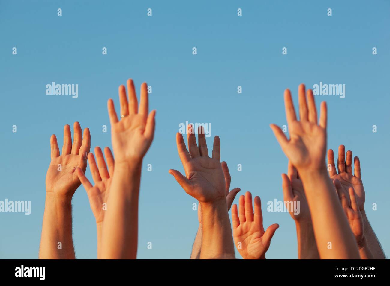 Ten raised hands Stock Photo - Alamy