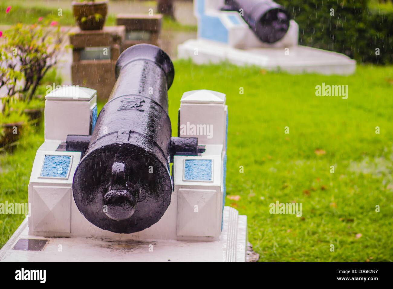 Old black cannon at the public outdoor museum. The cannon was invented ...