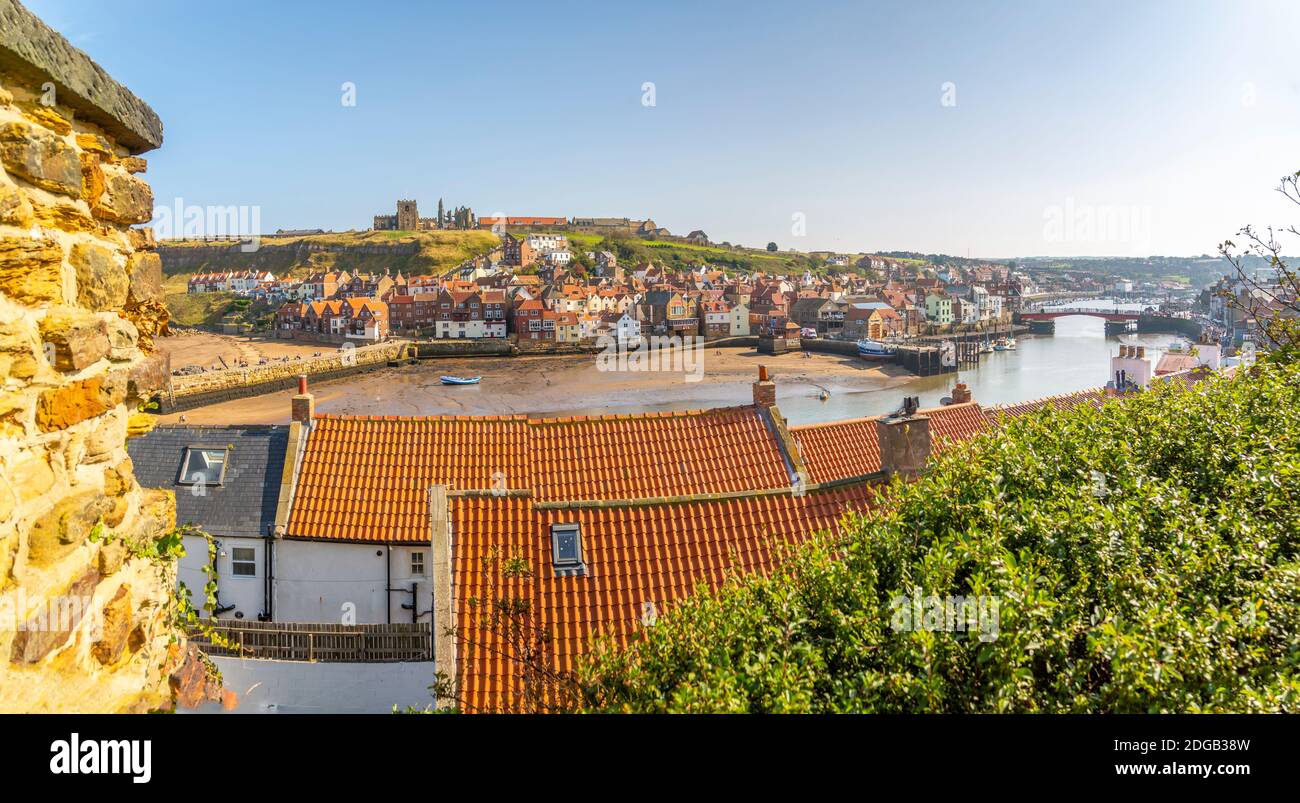 View of Whitby Abbey, St Mary's Church and Esk riverside houses, Whitby ...