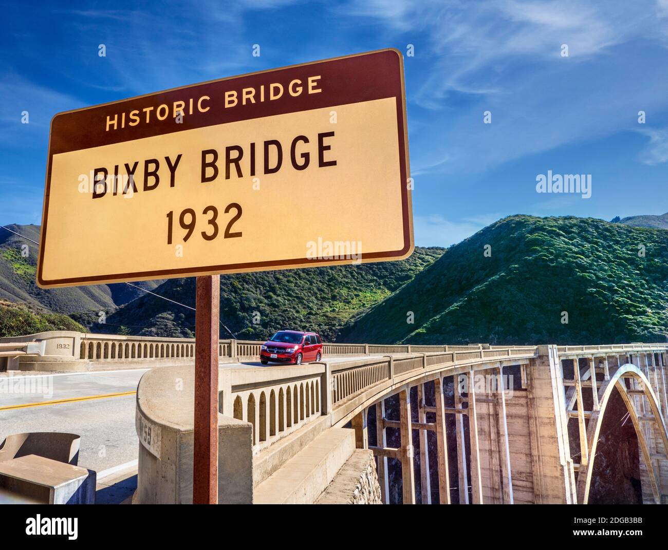 BIG SUR BIXBY BRIDGE Highway sign 1932 on Highway 1, with bridge and ...