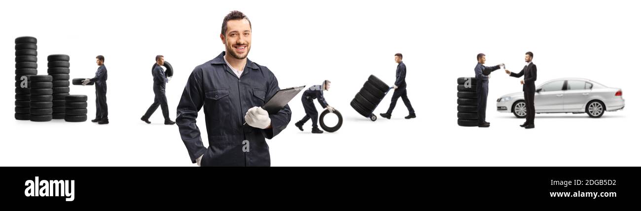 Auto repair shop and workers carrying car tires isolated on white ...