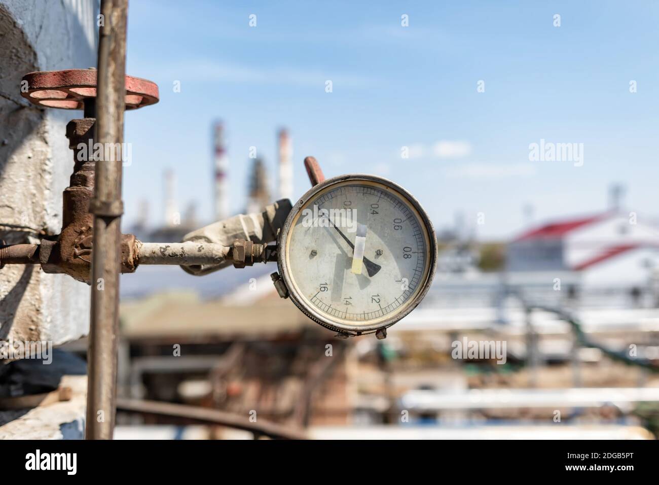 Properly working pressure gauge installed on the pipeline at the old ...