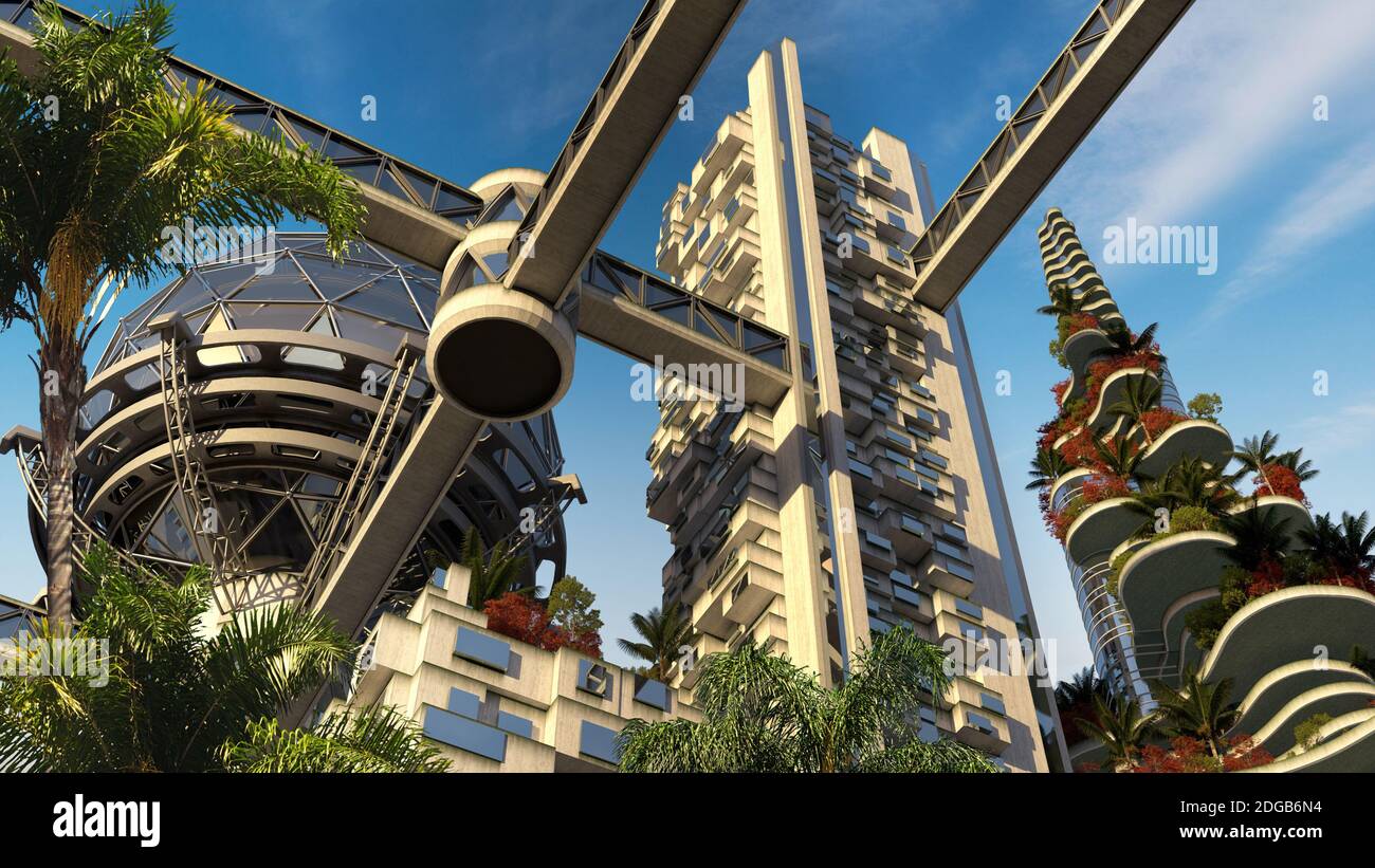 3D Illustration futuristic environmental city architecture with ...