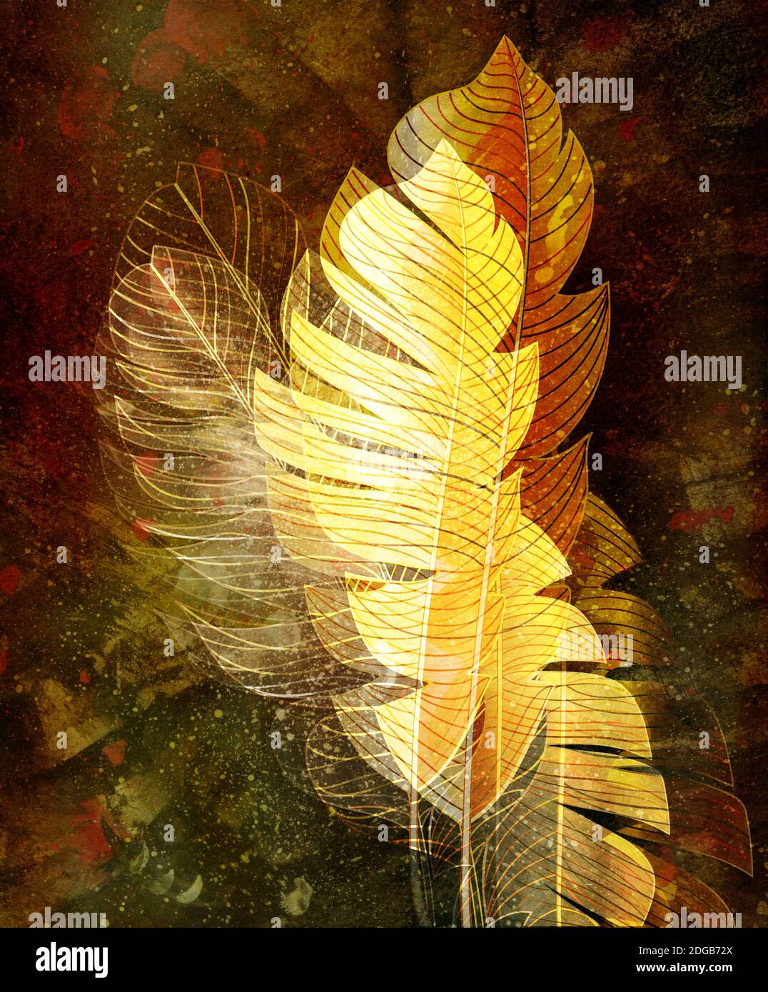 Tropical autumn watercolor leaves against a dark background. Design ...