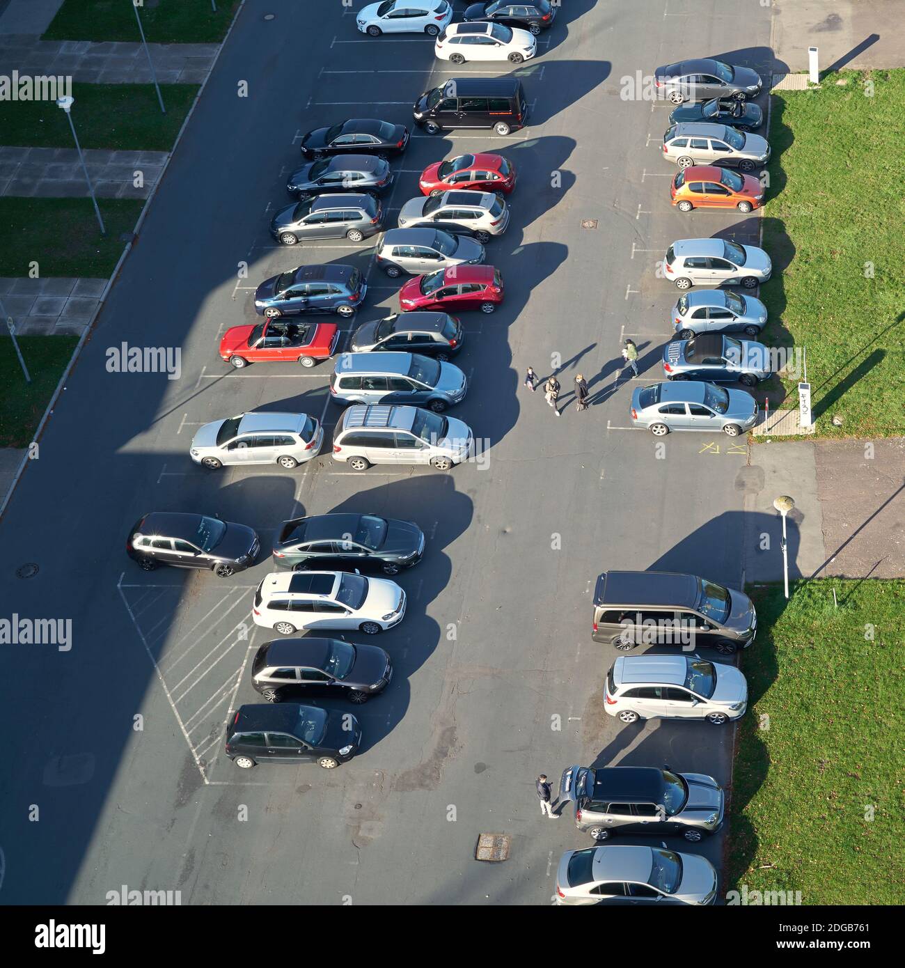 Aerial view of a car park with cars in the city centre of Magdeburg in ...
