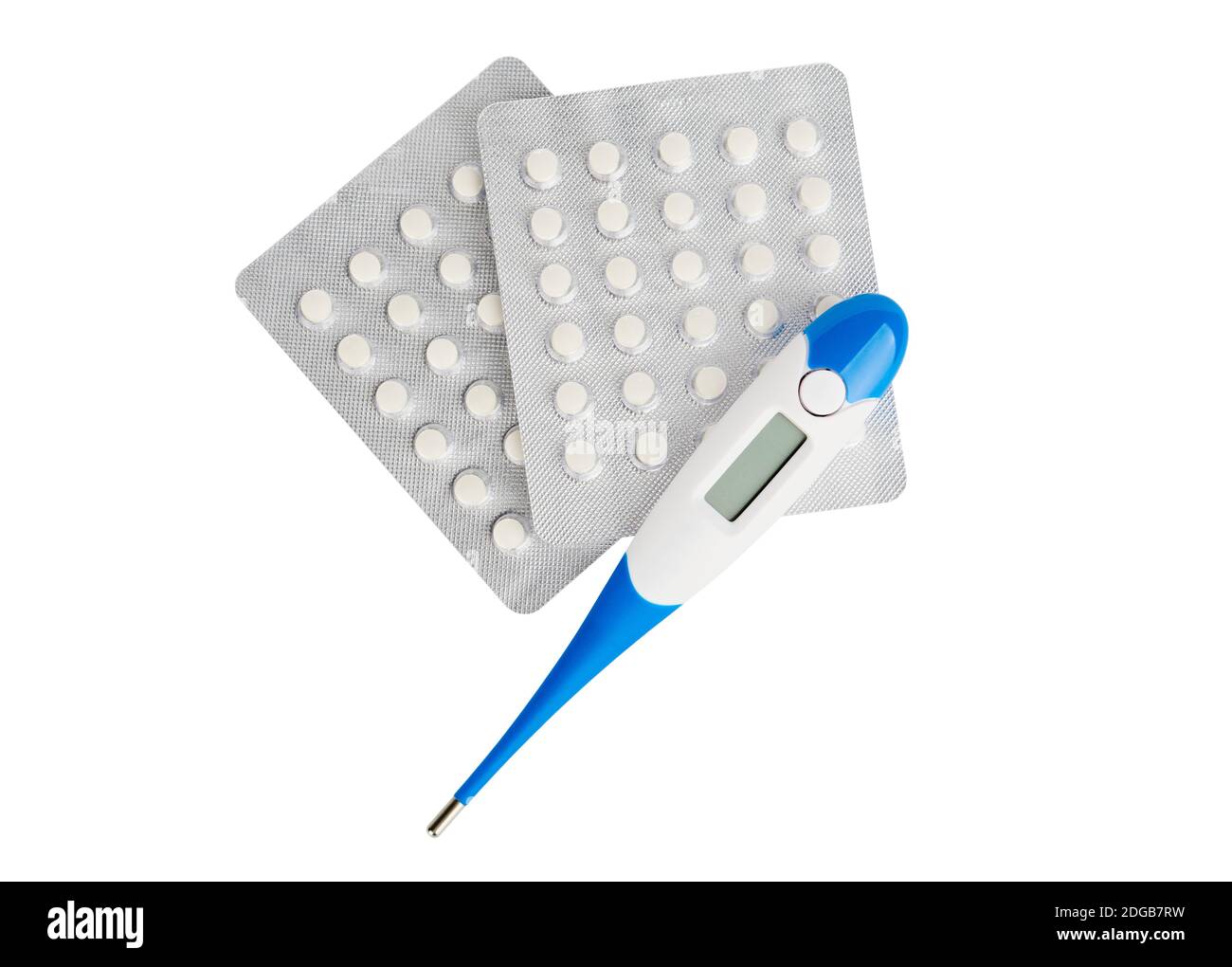 Blister with pills and electronic body thermometer displaying human ...