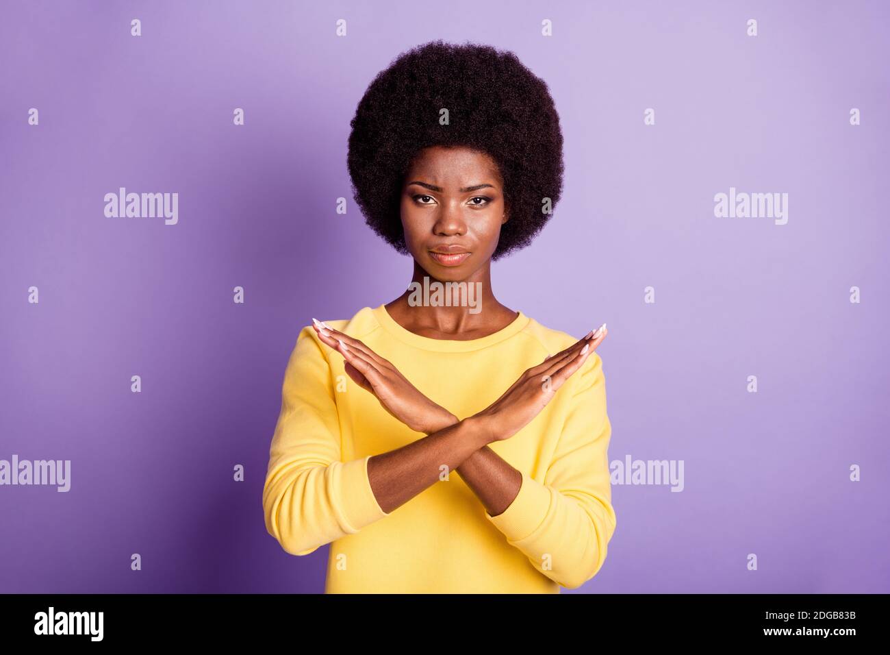 Photo of strict dark skin girl cross hands stop signal concept wear ...