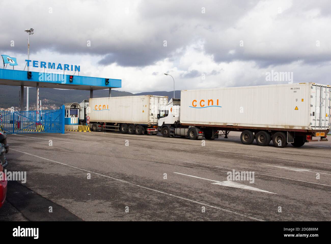 Marín-Spain Commercial transport truck loaded with a container at the ...